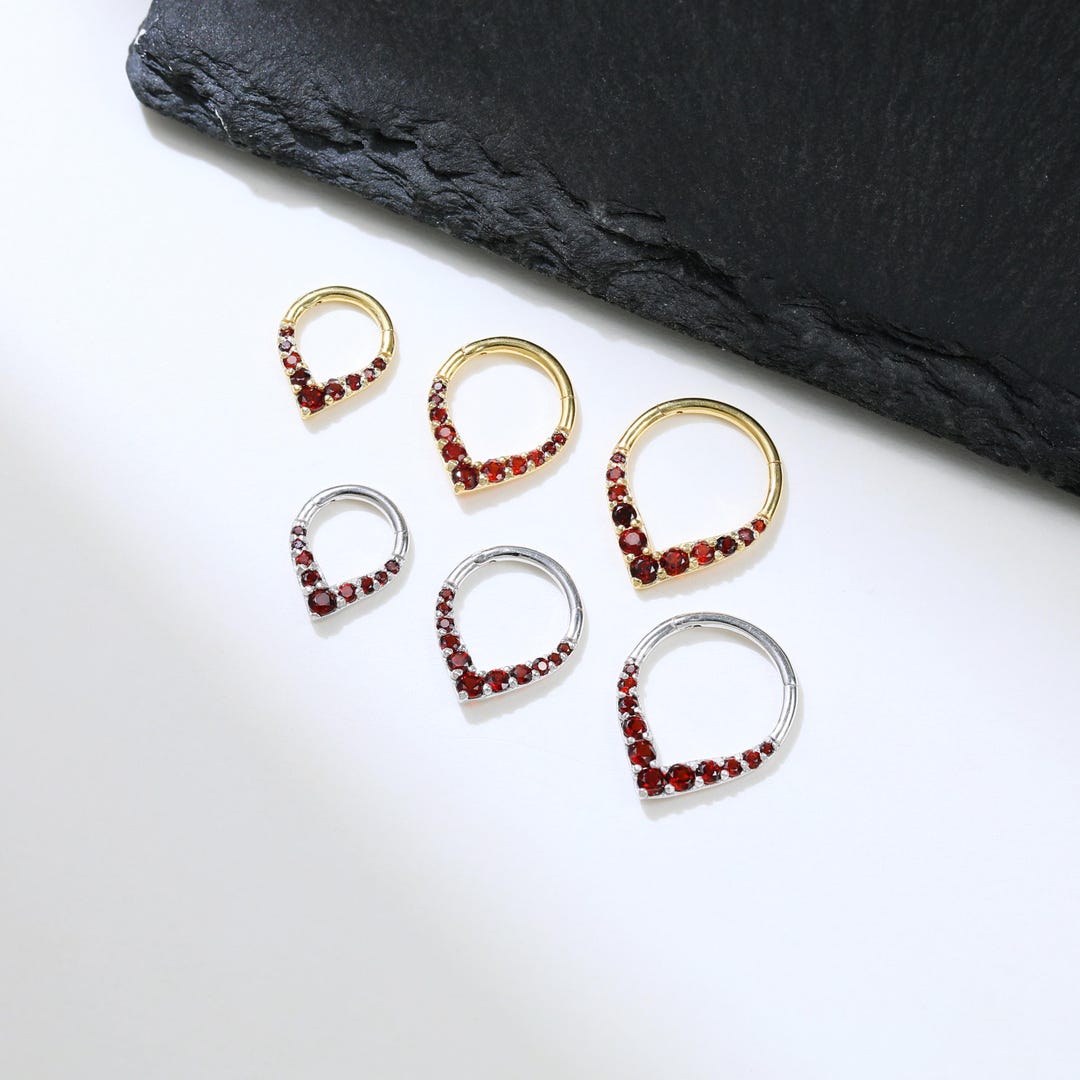 14K Gold Chevron Garnet Hoop Clicker, 925 Sterling Silver V Shaped ...