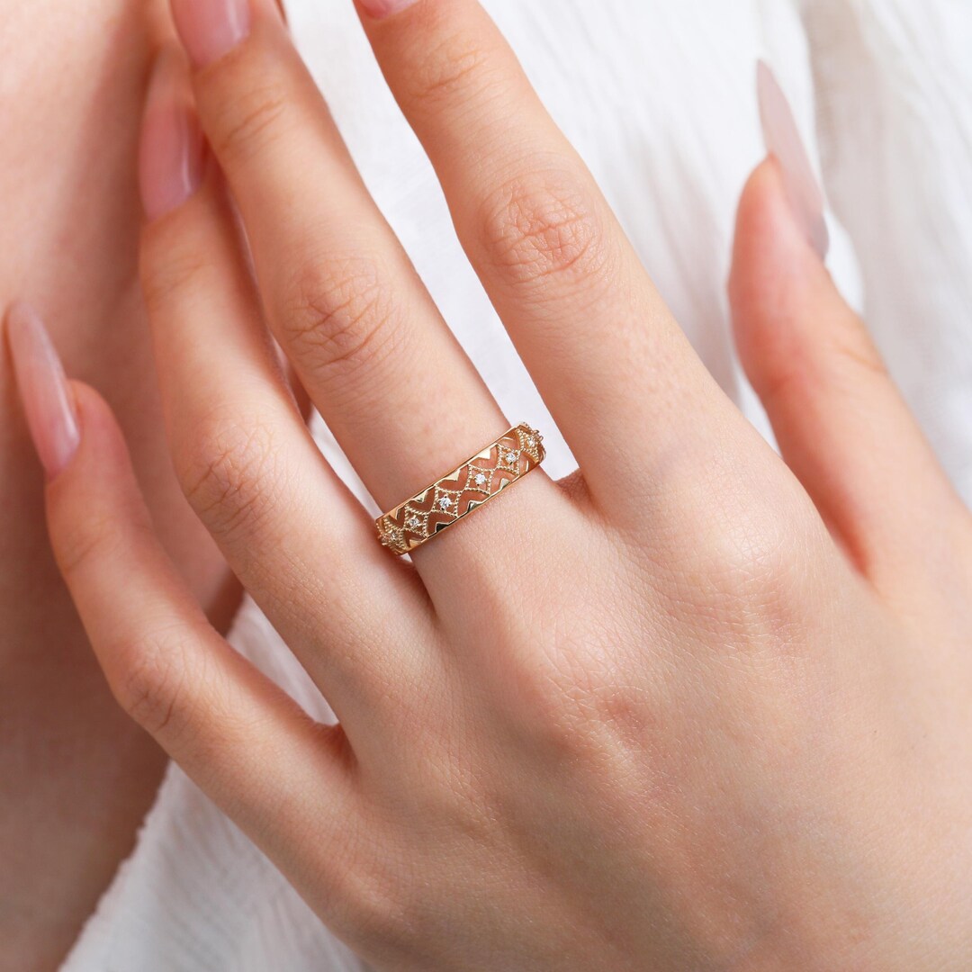 14K Solid Gold With Hollow Diamonds Shinning Ring, Dainty Lace ...