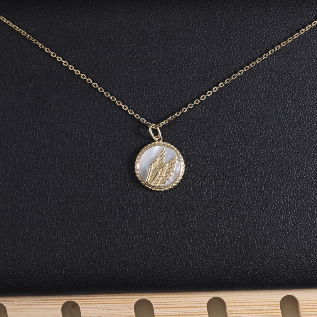 14K Solid Gold Angel Wing Mother of Pearl Pendent Necklace, Solid Gold ...