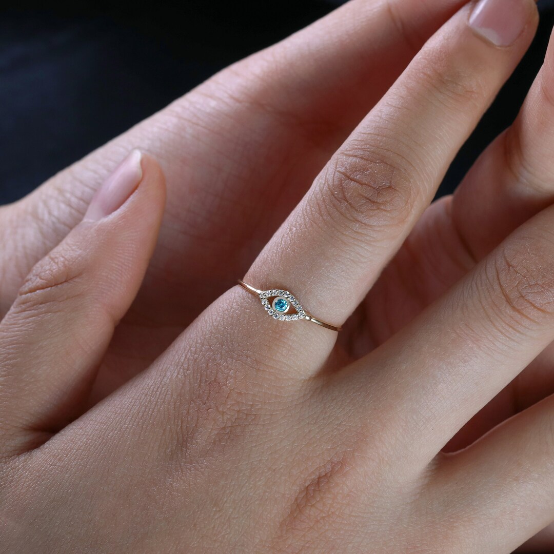 14K Solid Gold Evil Eye Ring, Dainty Blue Evil Eye Ring, Dainty ...