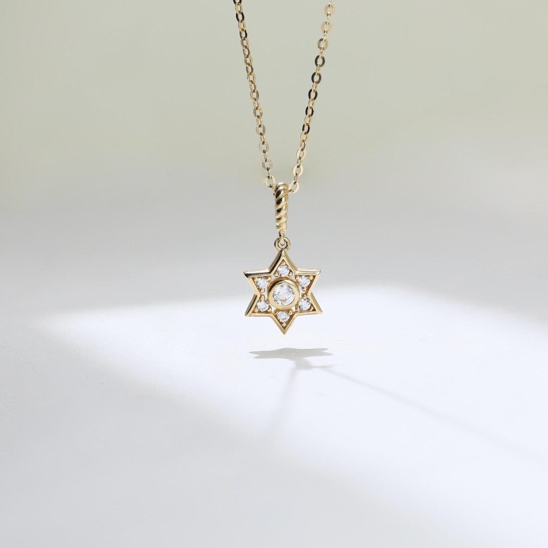 14K Solid Gold David Star Diamond Pendant, 14K Gold Dainty Jewish Star ...