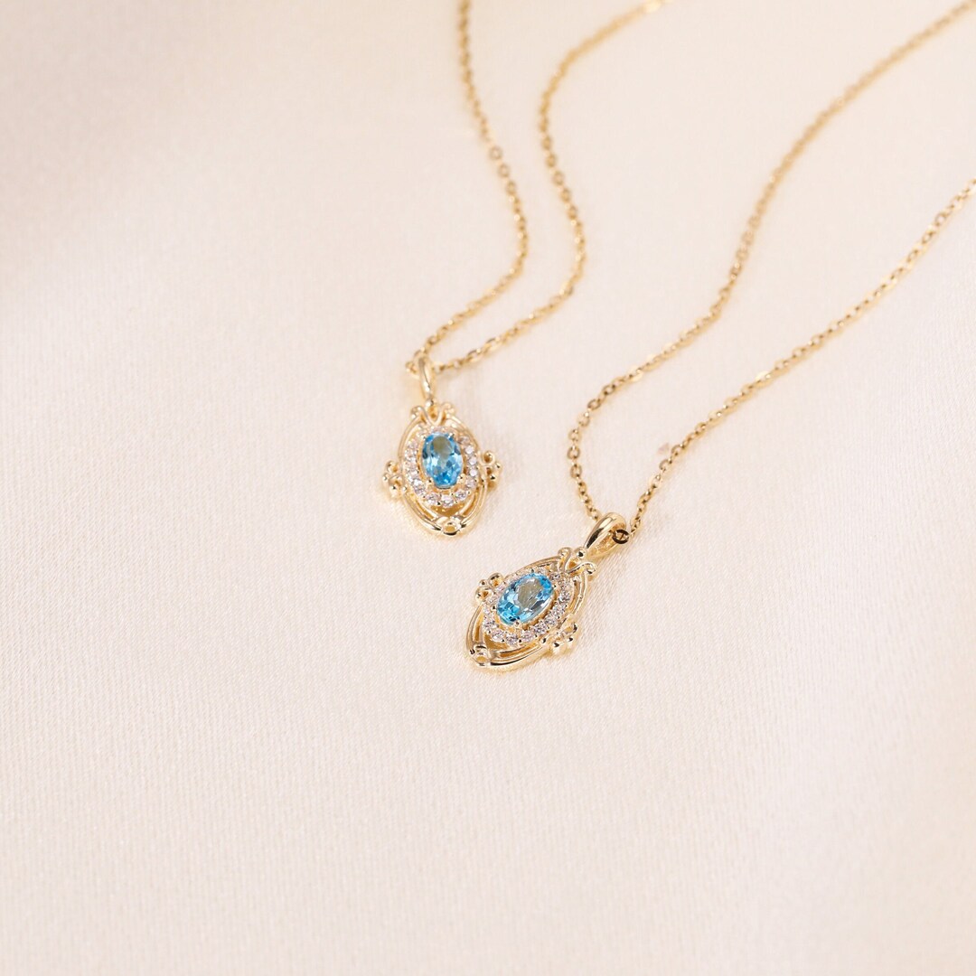 14k Solid Gold Magic Mirror Pendant Vintage Oval Swiss Blue Topaz Oval ...