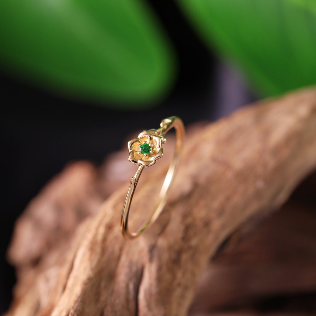 14k Solid Gold Lily Flower Ring, Flower Leaf Ring, Genuine Tsavorite ...