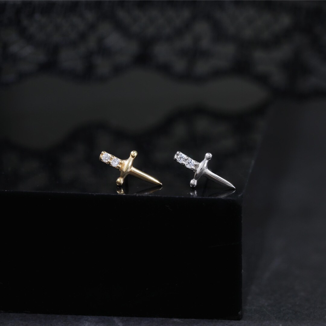 14K Gold Plated Cubic Zirconia Sword Stud Earring, 925 Sterling Silver ...