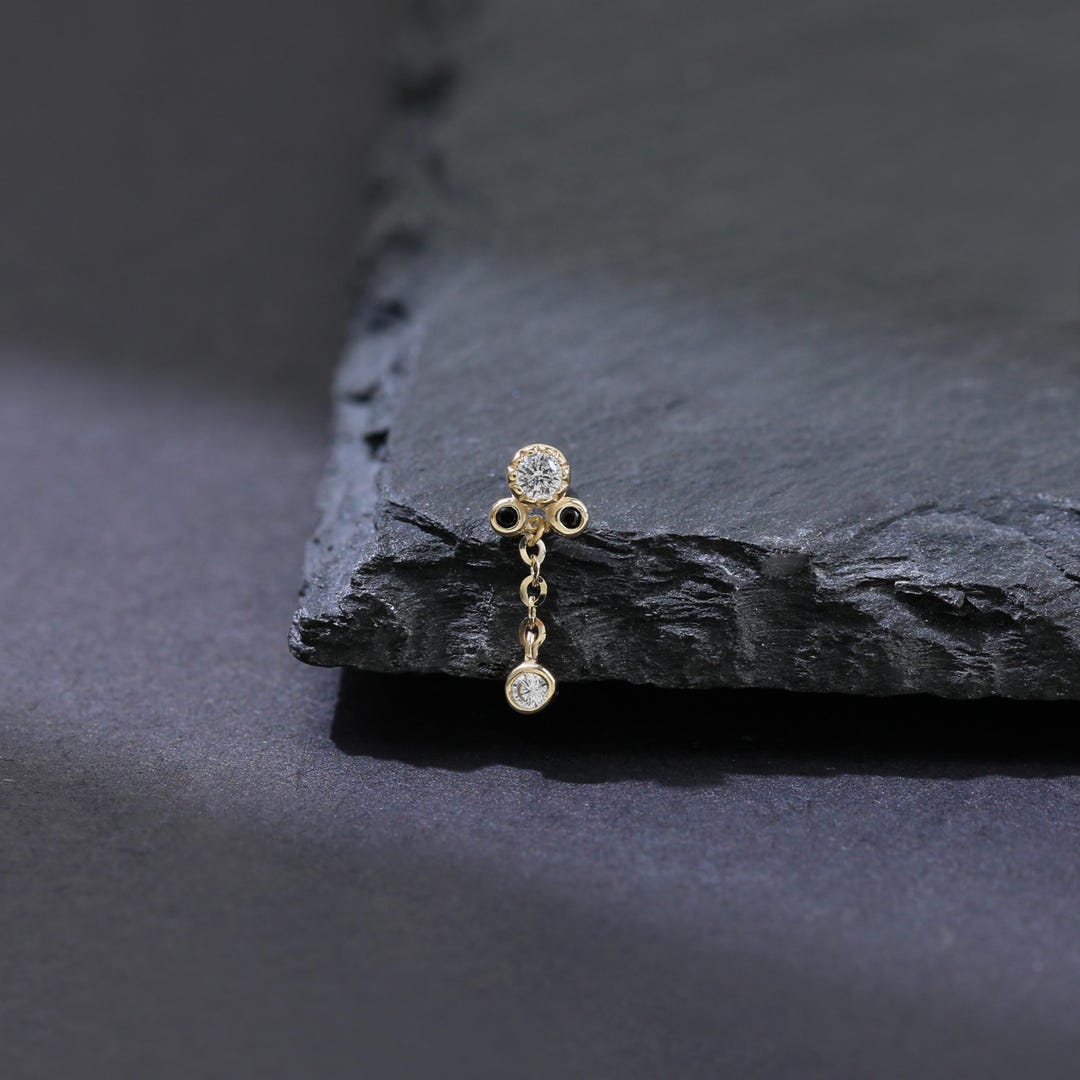 14K Solid Gold Dangle Diamond Helix Stud Earring, Solid Gold Black ...