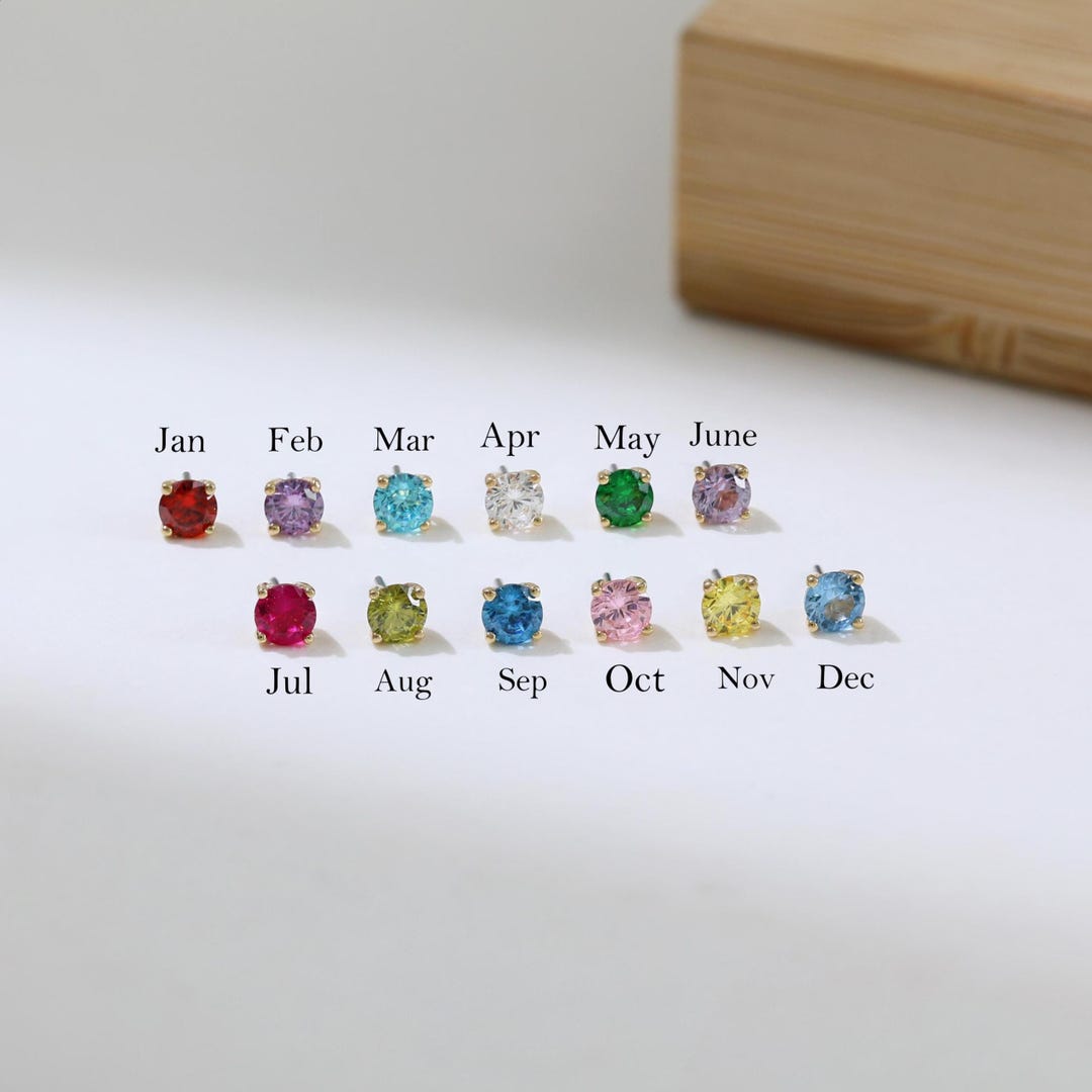 14K Solid Gold Birthstone Stud Earring, Birthstone Cartilage Piercing ...