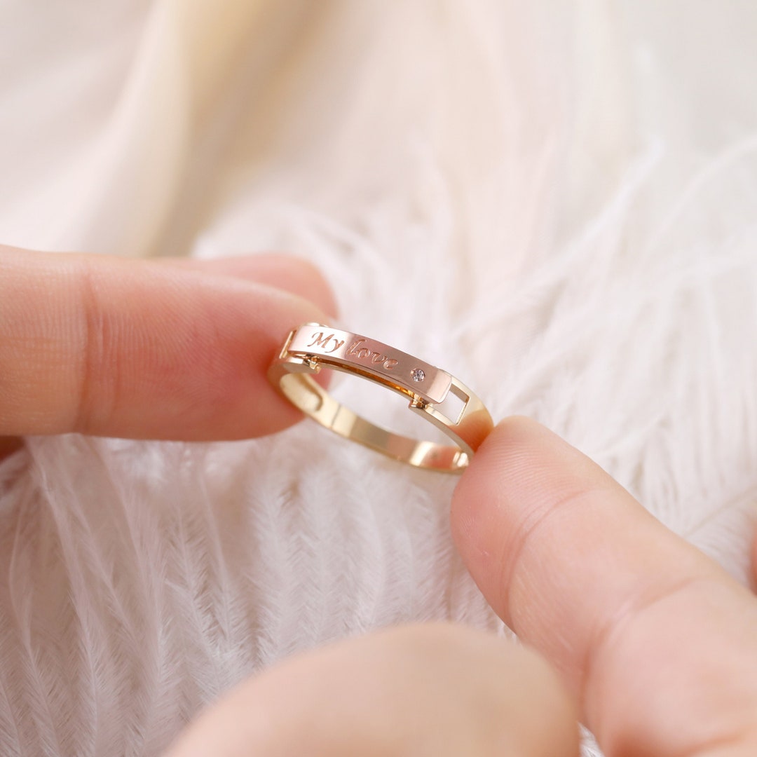 14K Solid Gold Clasp Secret Message Couple Ring, Personalized Gold Ring ...