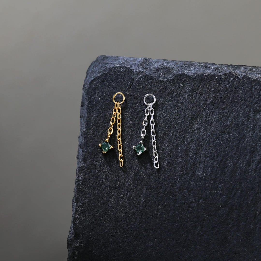 14K Gold Plated Dangle Chain Moss Agate Charm, Sterling Silver Drop ...