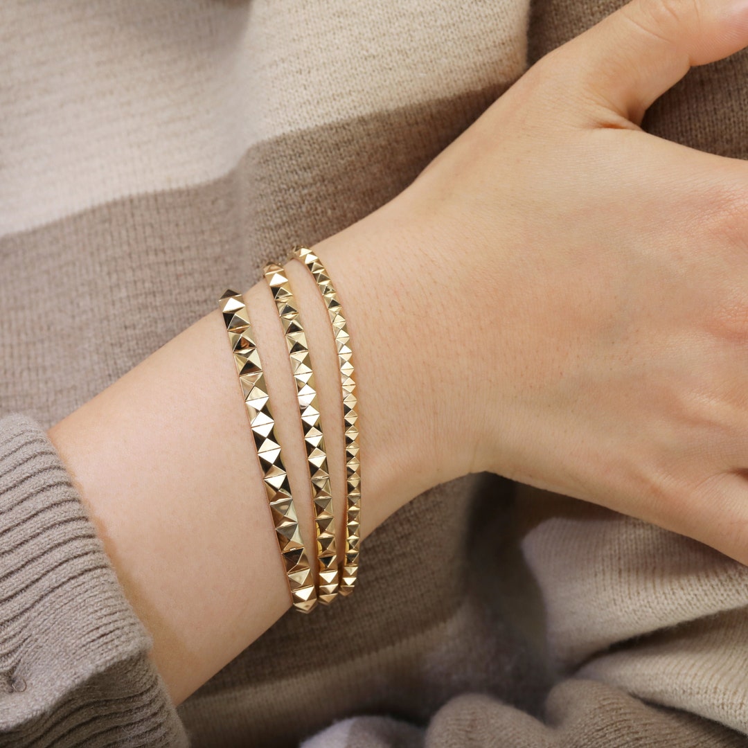 14k Solid Gold Flexible Gold Pyramid Bracelet, Spike Bracelet, Wedding ...
