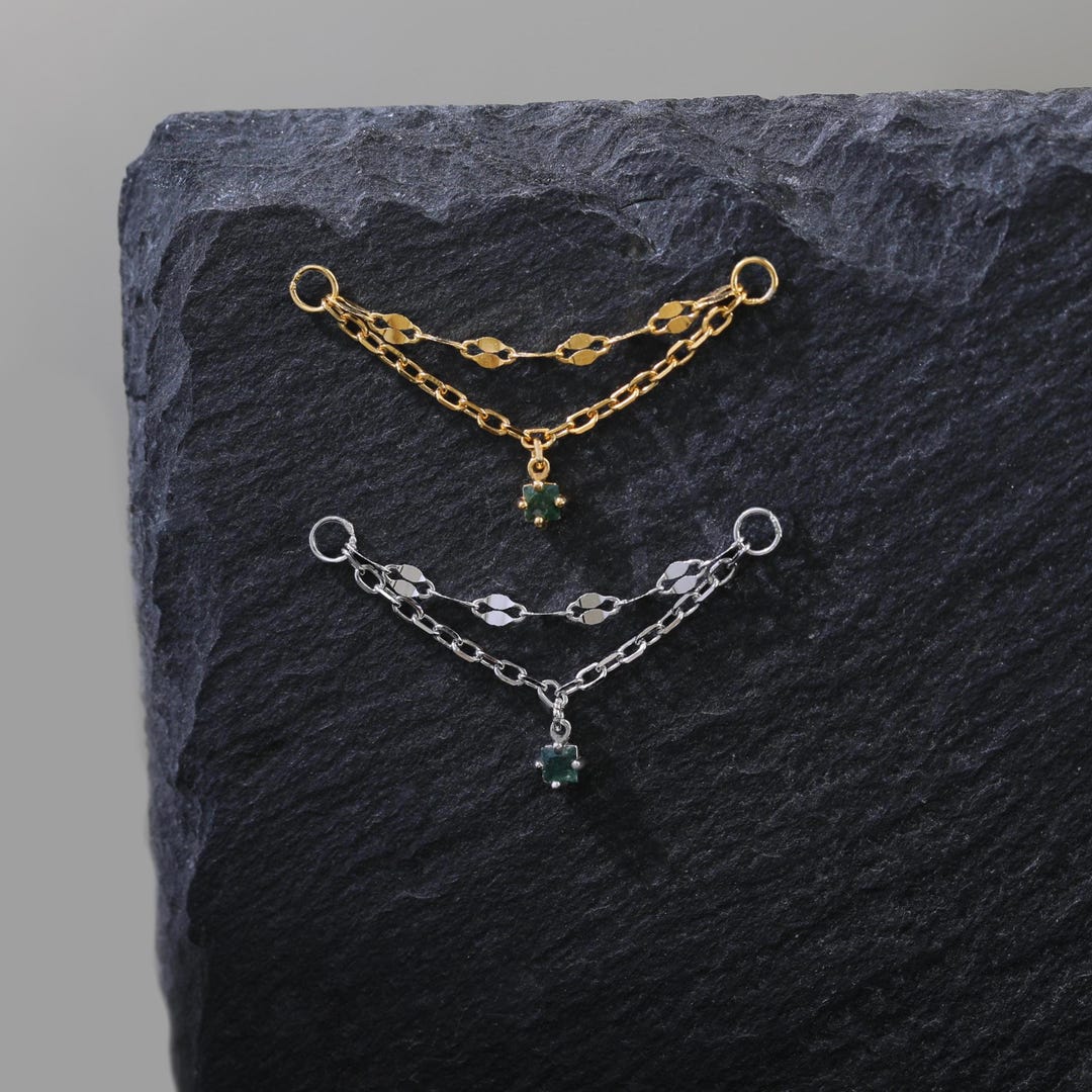 14K Gold Plated Dangle Moss Agate Nose Chain, 925 Sterling Silver ...