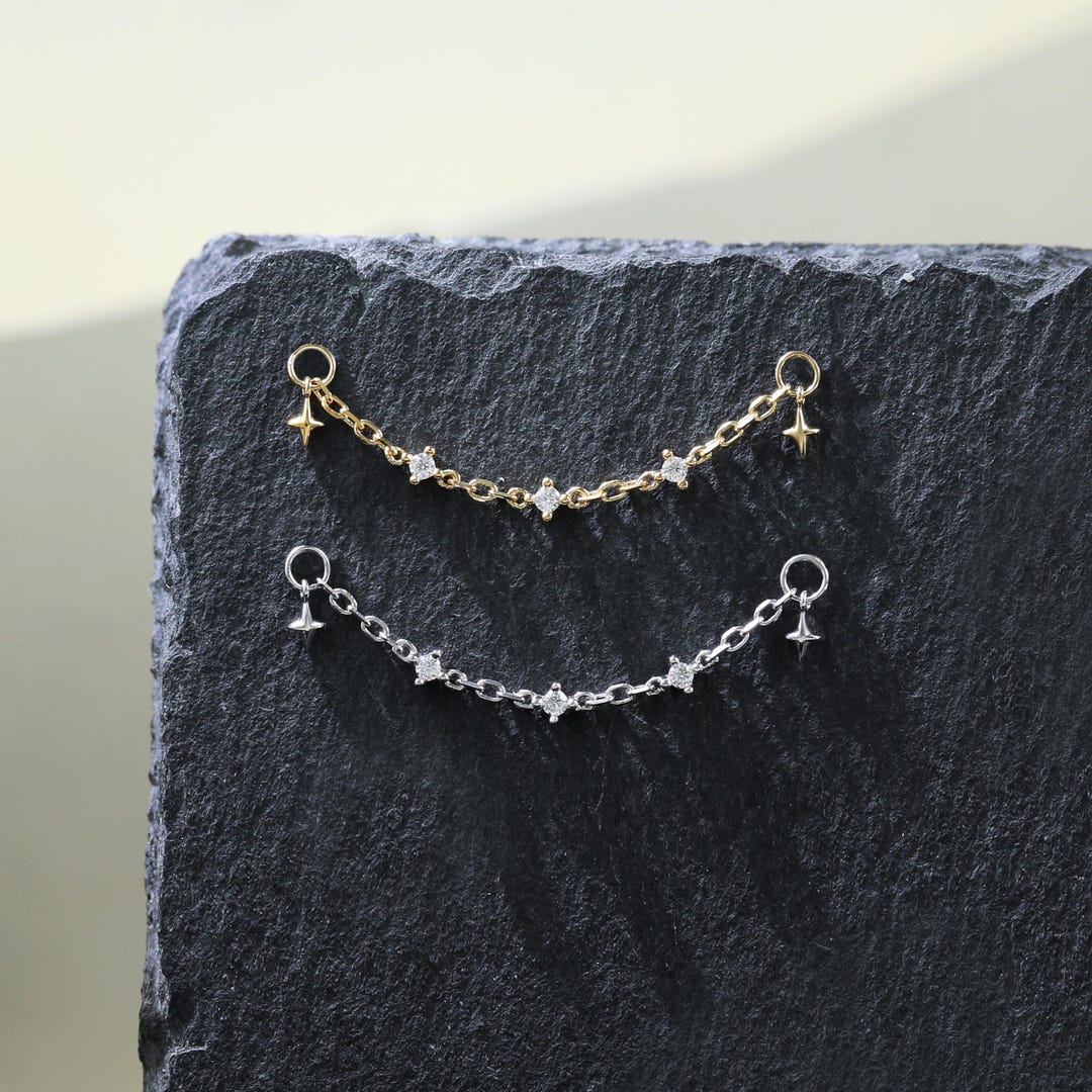14K Gold North Star Dangling Nose Chain, 925 Sterling Silver Moissanite ...