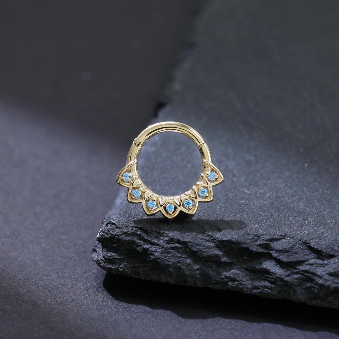 14K Solid Gold Flower With Blue CZ Clicker Earring, Solid Gold Dainty ...