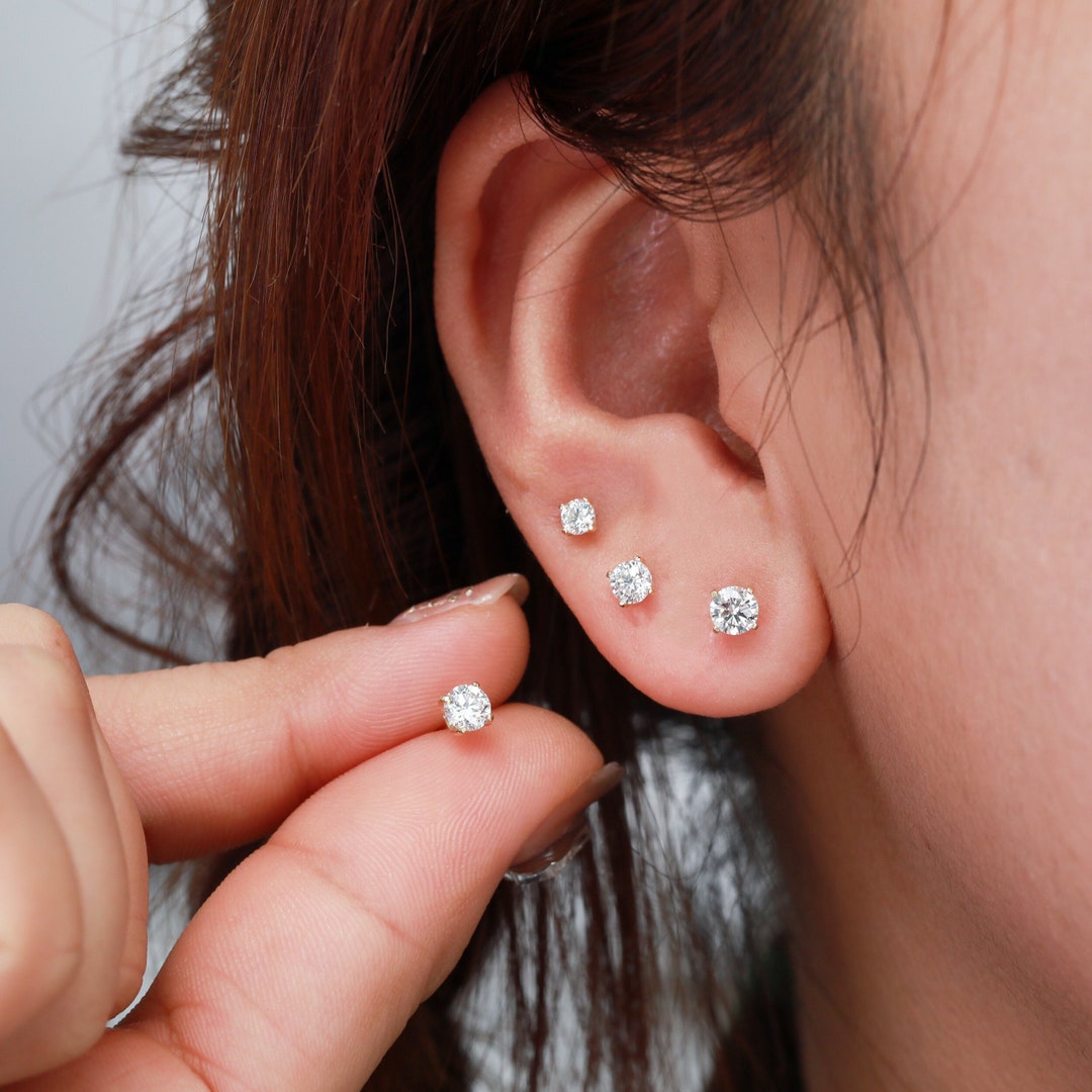 14K Solid Gold Diamond Stud Earring, Round Diamond Solitaire Stud, Real ...