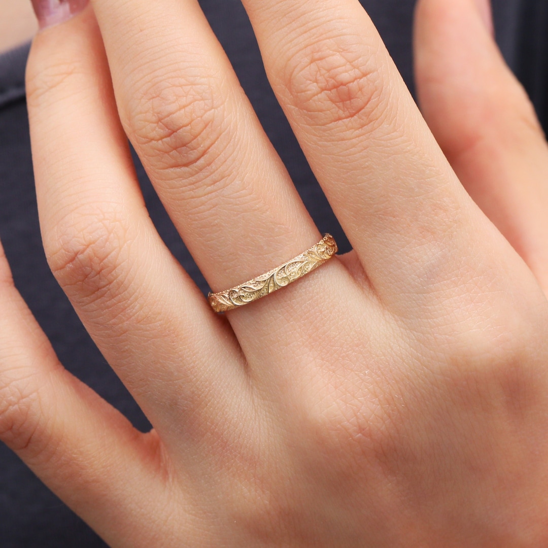 14K Solid Gold Hammered Vine Wedding Band Leaves Promise Ring Polished ...