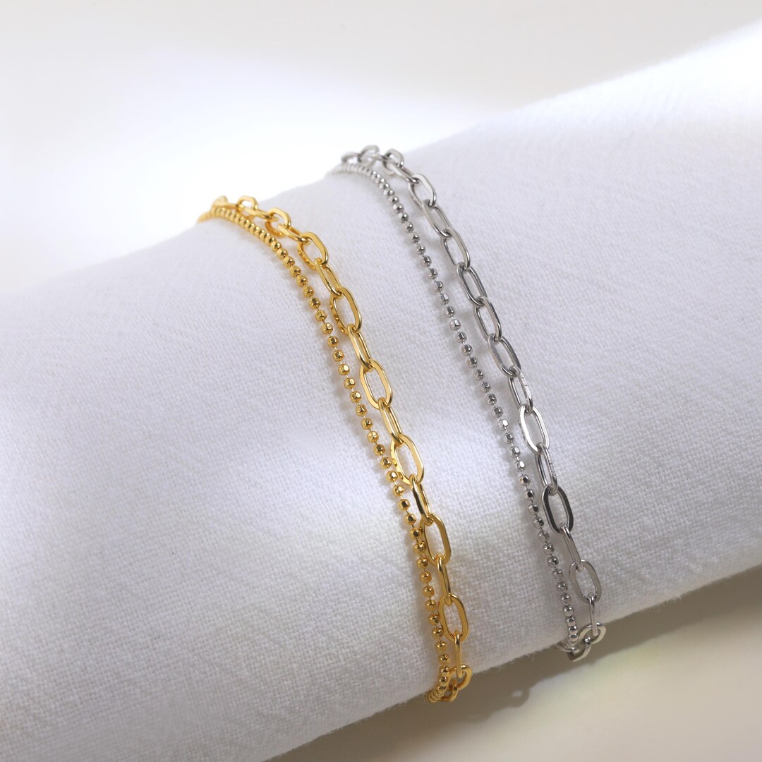 14K Gold Plated Paperclip With Ball Chain Double Layer Bracelet, 925 ...