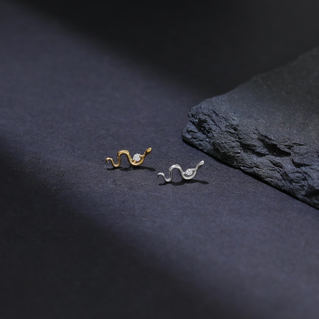 14K Gold Plated Snake Helix Stud Earring, 925 Sterling Silver Tiny ...