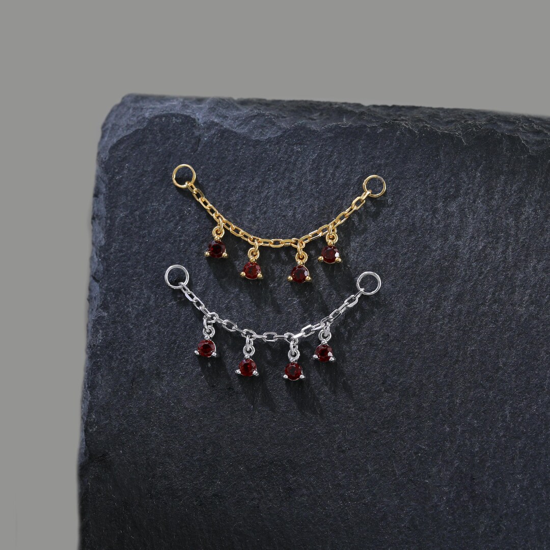 14K Gold Plated Garnet Nose Chain, 925 Sterling Silver Dainty Dangle ...