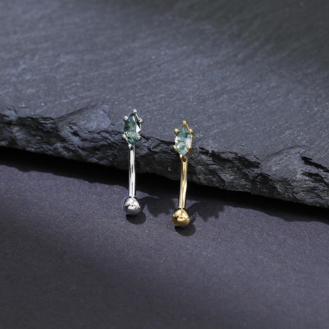 14K Gold Plated Moss Agate Rook Piercing Ring, 925 Sterling Silver ...