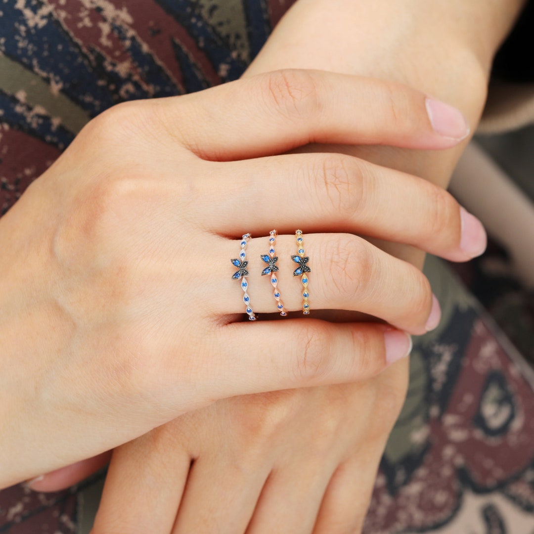 14K Solid Gold Butterfly Ring, Dainty Gold Butterfly Band, Stacking ...