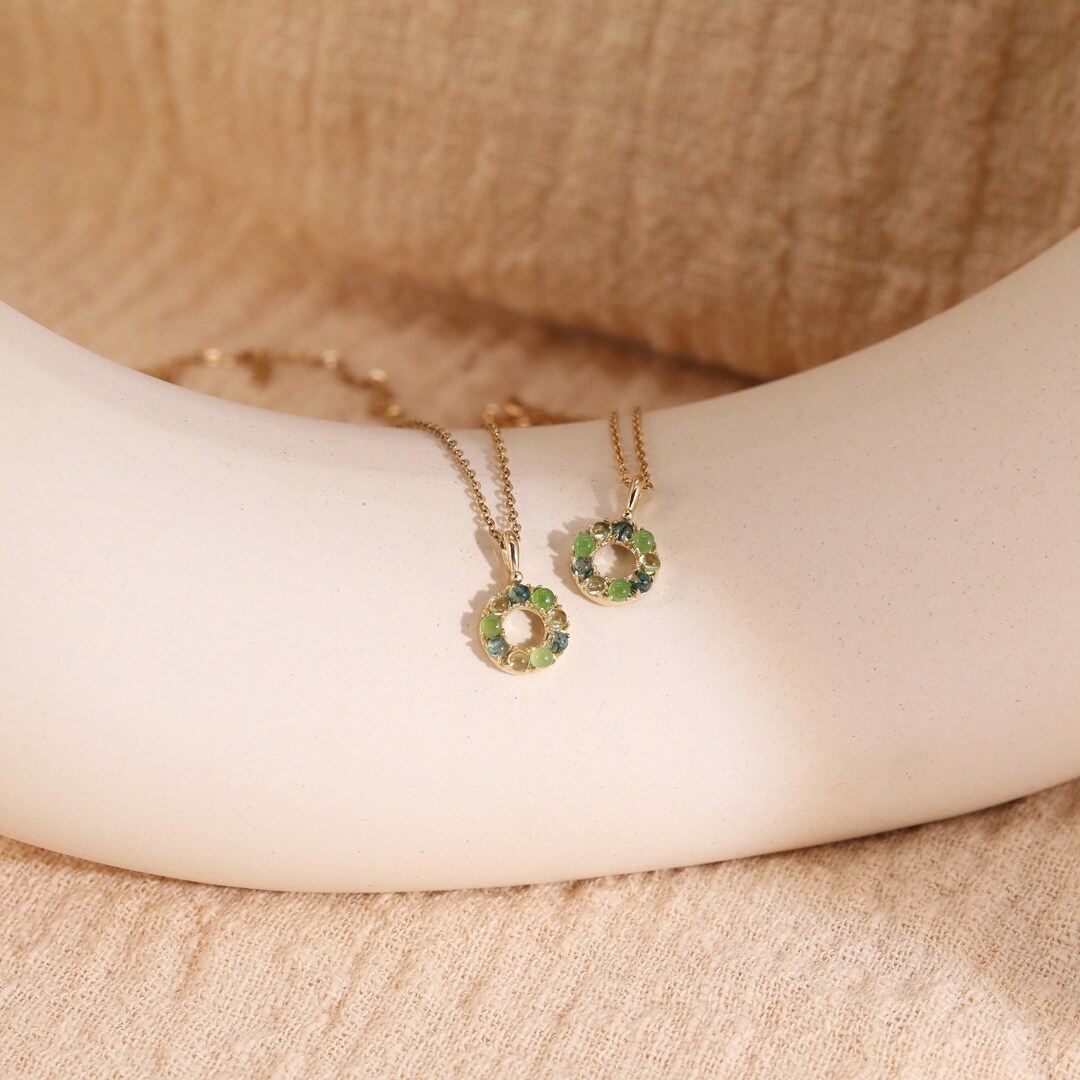 14k Solid Gold Jade Peridot Moss Agate Pendant Necklace Doughnut ...