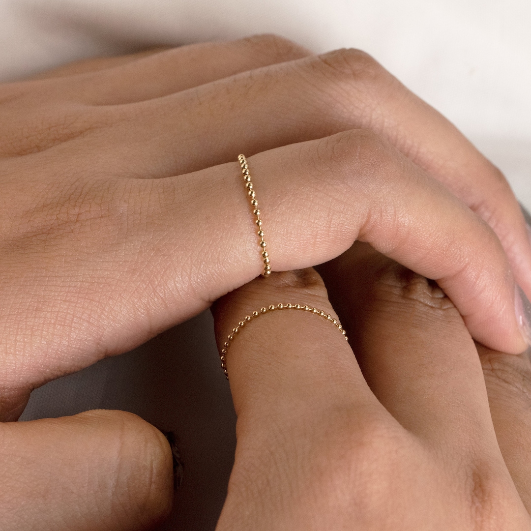 14K Solid Gold Ball Chain Ring, 14K Chain Ring, Gold Bead Ring, Thin Gold Ring, Soft Ring ...