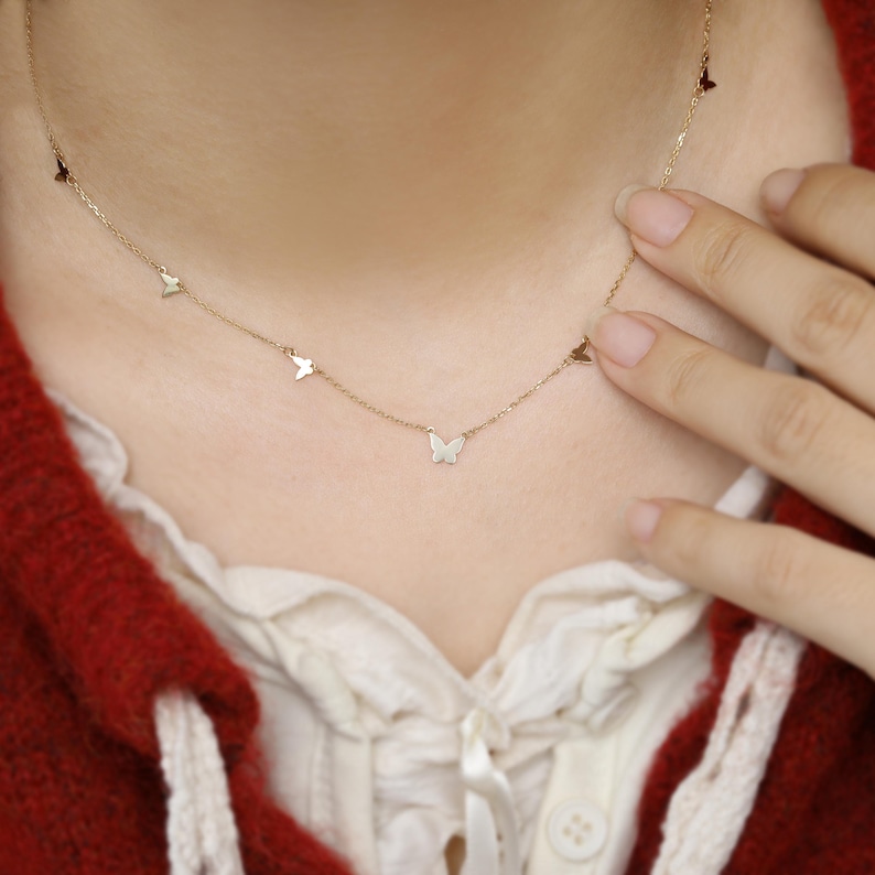 14k Solid Gold Multi Butterfly Shaped Necklace, Solid Gold Dainty ...