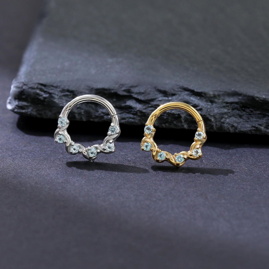 14k Gold Swiss Blue Topaz Daith Earlobe Clicker, 925 Sterling Silver ...