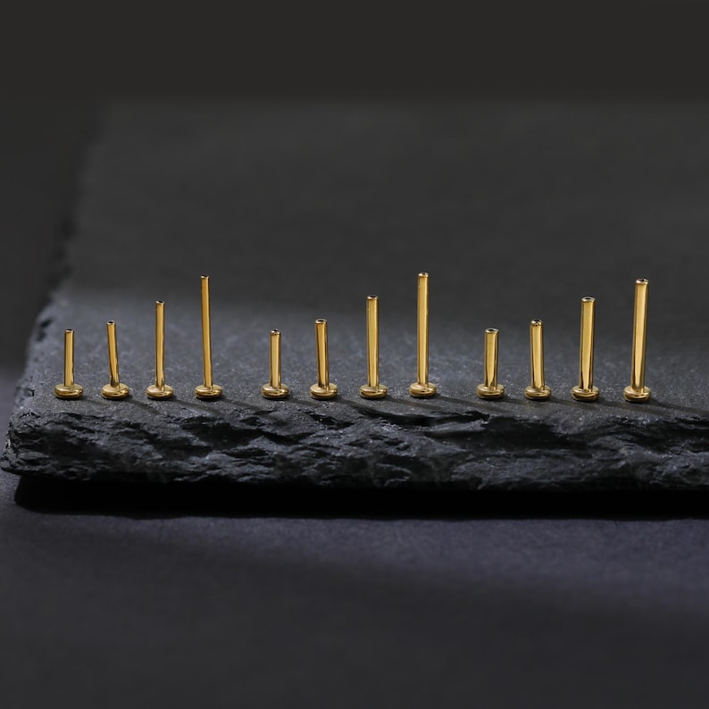 14K Gold Plated Push Pin Flat Back, Titanium Threadless Push Pin, 16G ...