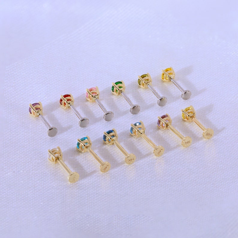 14K Solid Gold Birthstone Stud Earring, Birthstone Cartilage Piercing ...