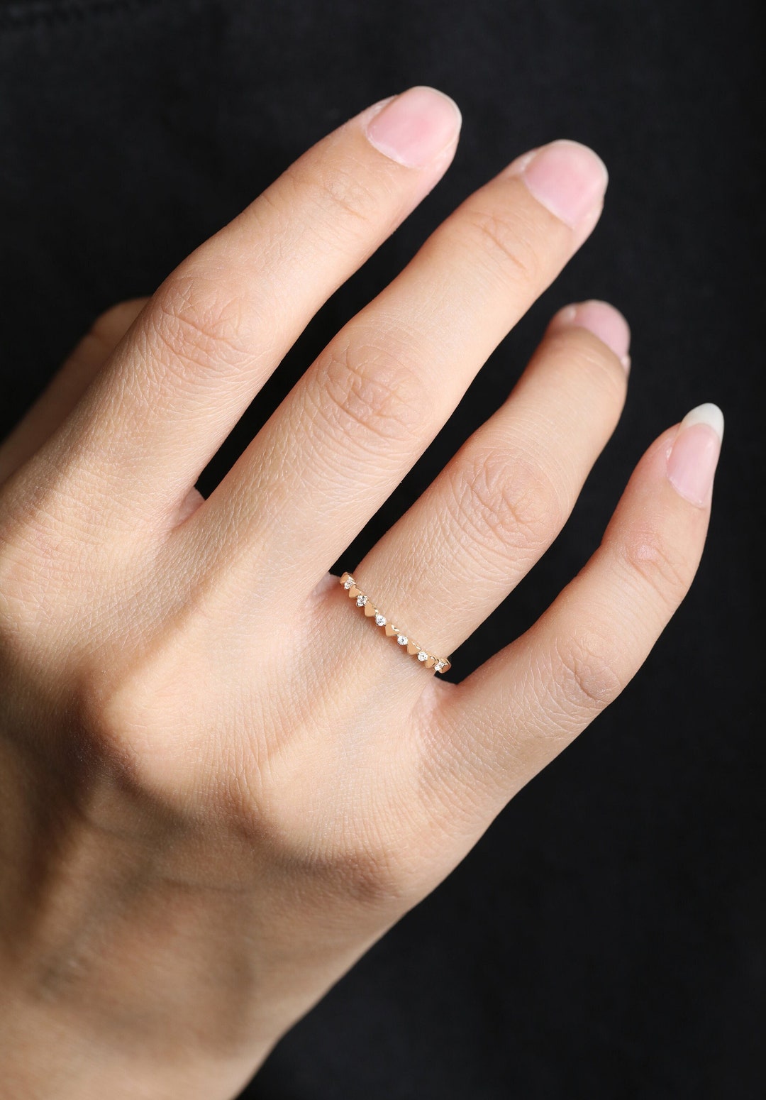 14K Solid Gold Heart Ring, Heart Line Minimalist Ring, Tiny Hear Love ...