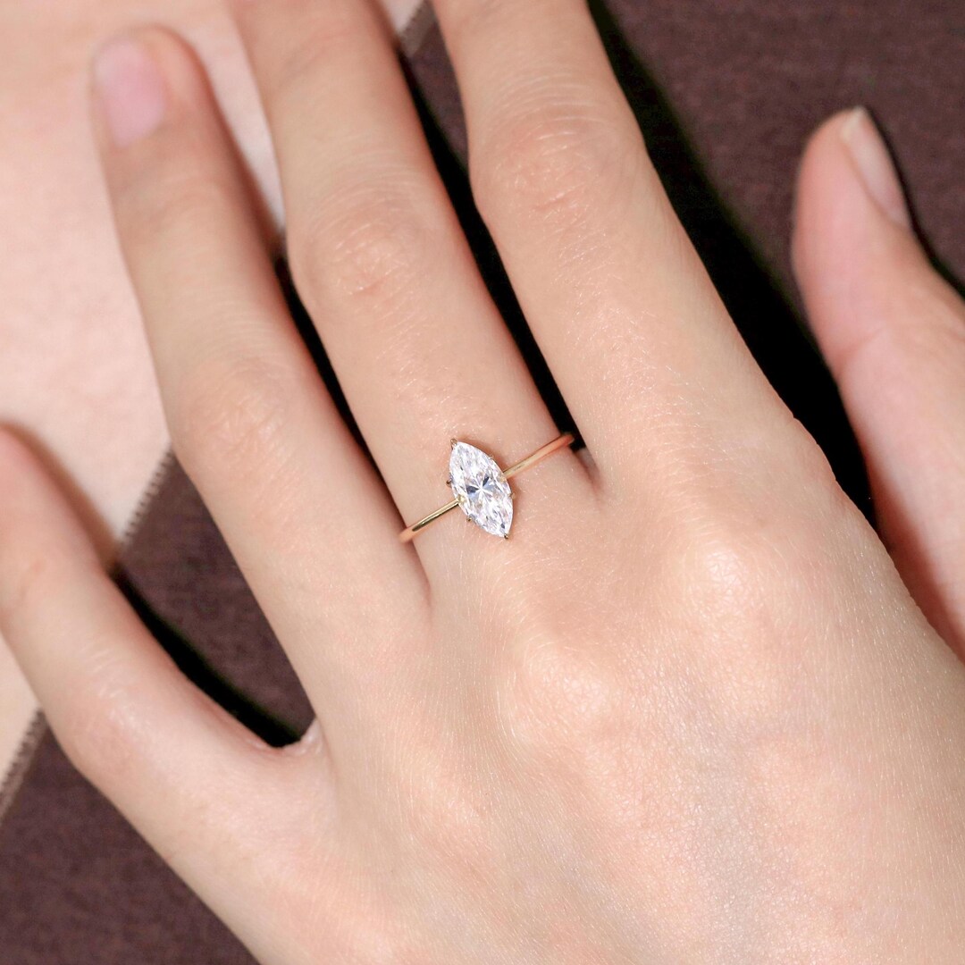 14K Solid Gold Diamond Lotus Setting Wedding Ring, Solid Gold Marquise ...