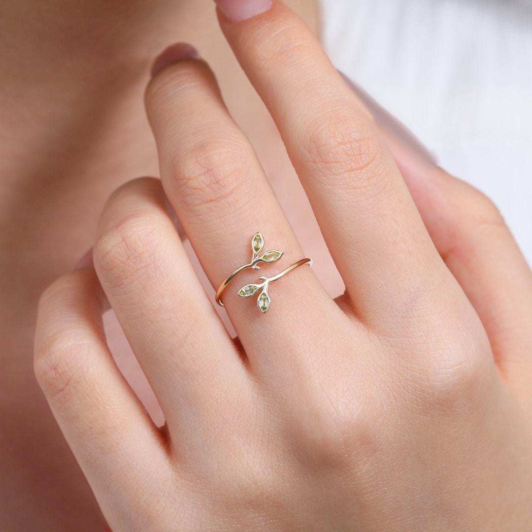 14K Solid Gold With Peridot Green Leaf Ring, Solid Gold Wedding Band ...