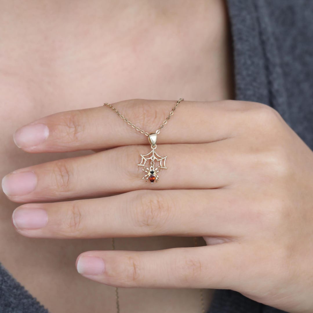 14K Solid Gold Spider With Spider Web Necklace, 14K Garnet With Black ...