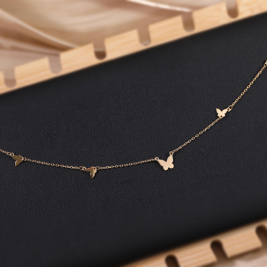 14k Solid Gold Multi Butterfly Shaped Necklace, Solid Gold Dainty ...