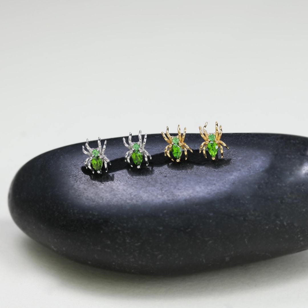 14K Gold Plated Tiny Spider Tsavorite With Diopside Helix Stud, 925 ...