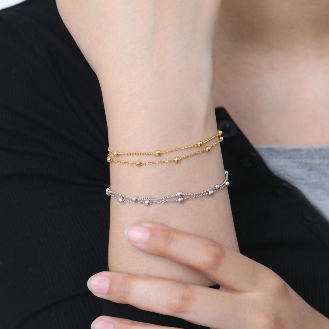 14K Gold Plated Double Layer Chain Bracelet, 925 Sterling Silver Bead ...