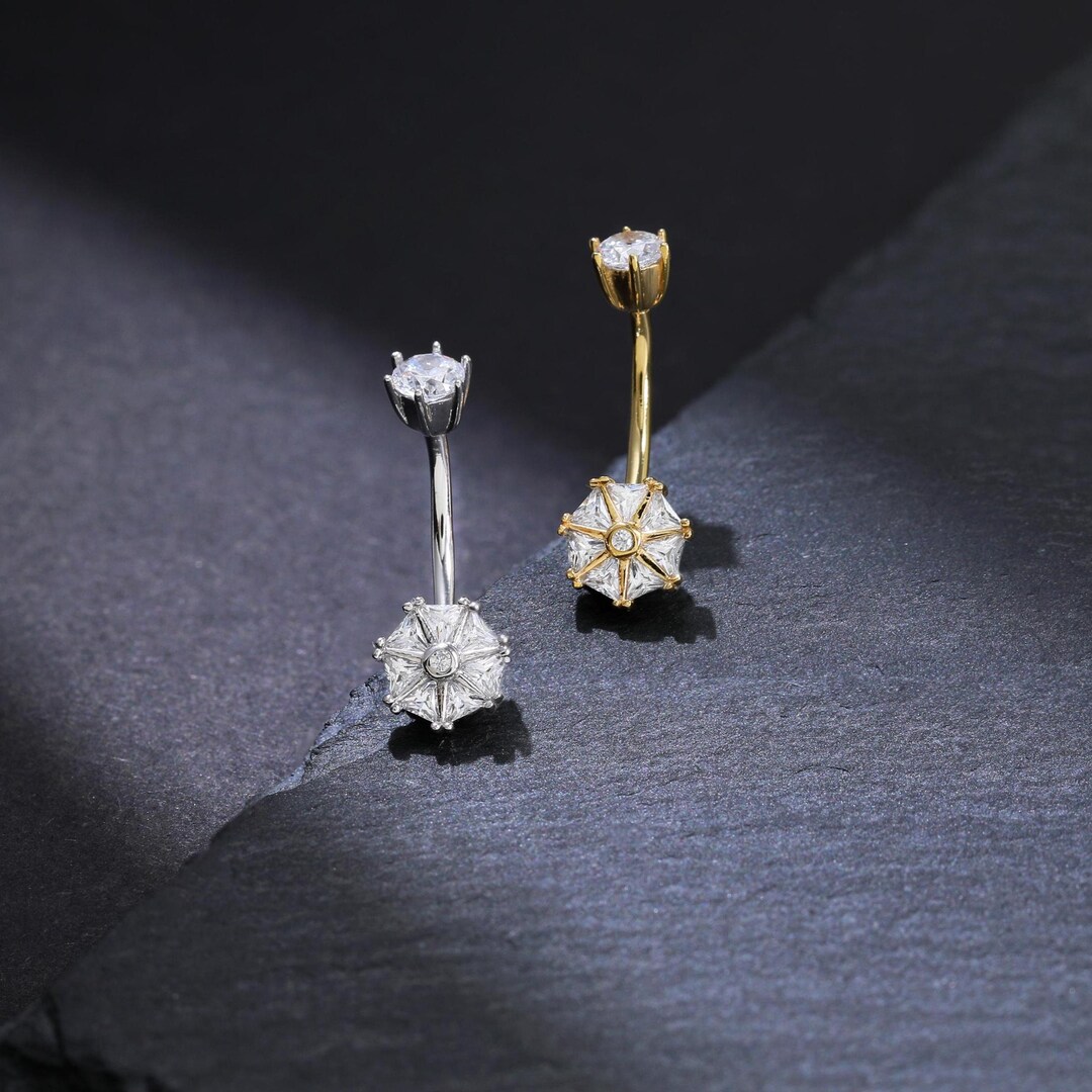 14K Gold Plated Shining Cubic Zirconia Threaded Belly Ring, 925 ...