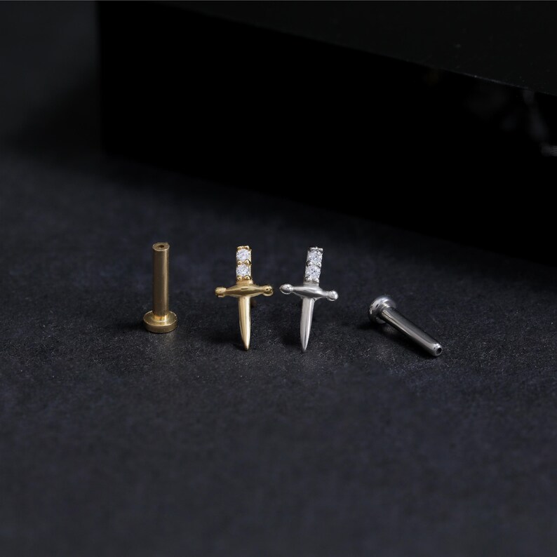 14K Gold Plated Cubic Zirconia Sword Stud Earring, 925 Sterling Silver ...