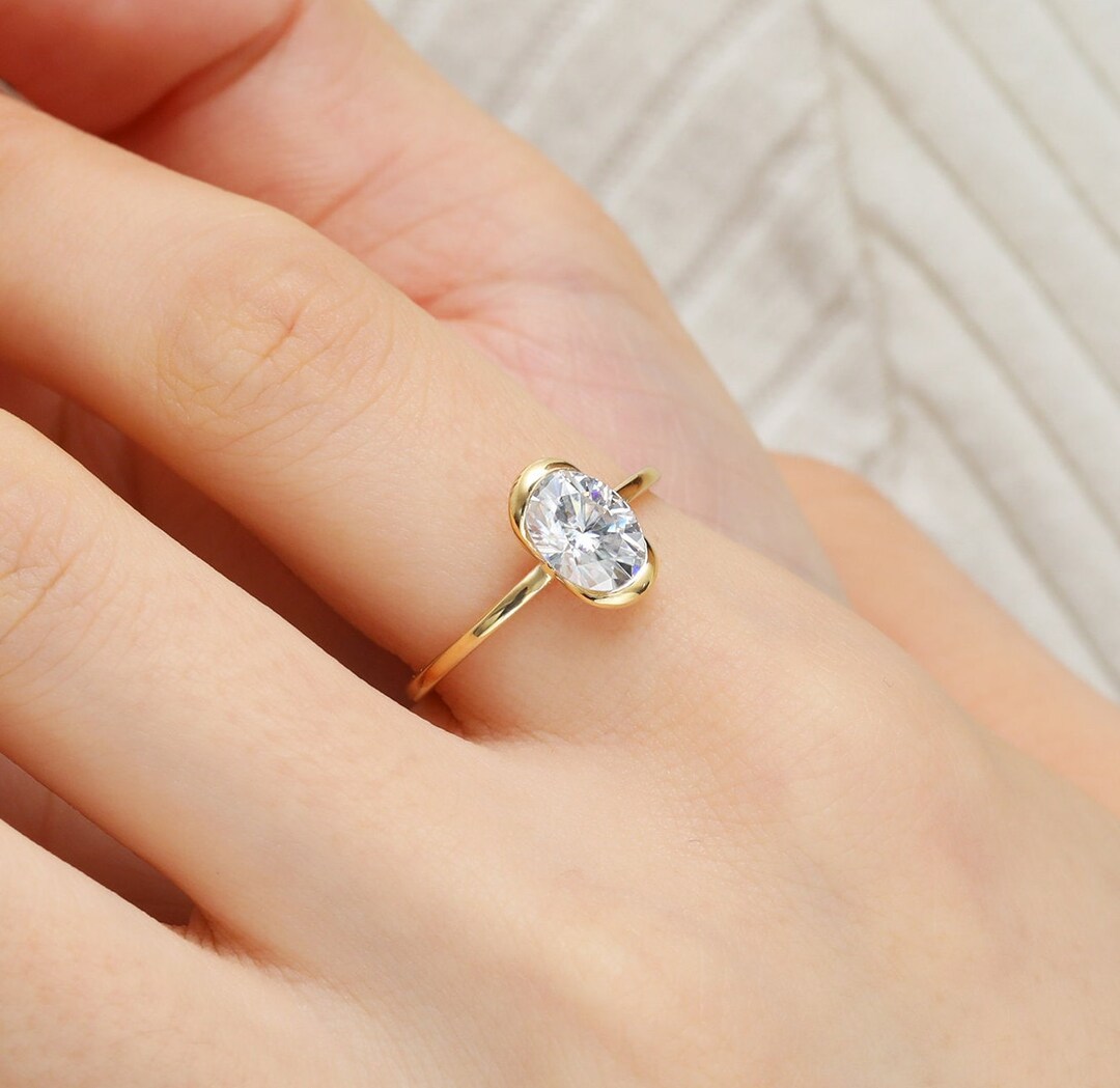 14K Solid Gold Oval Engagement Ring, Plain Stacking Engagement Ring ...