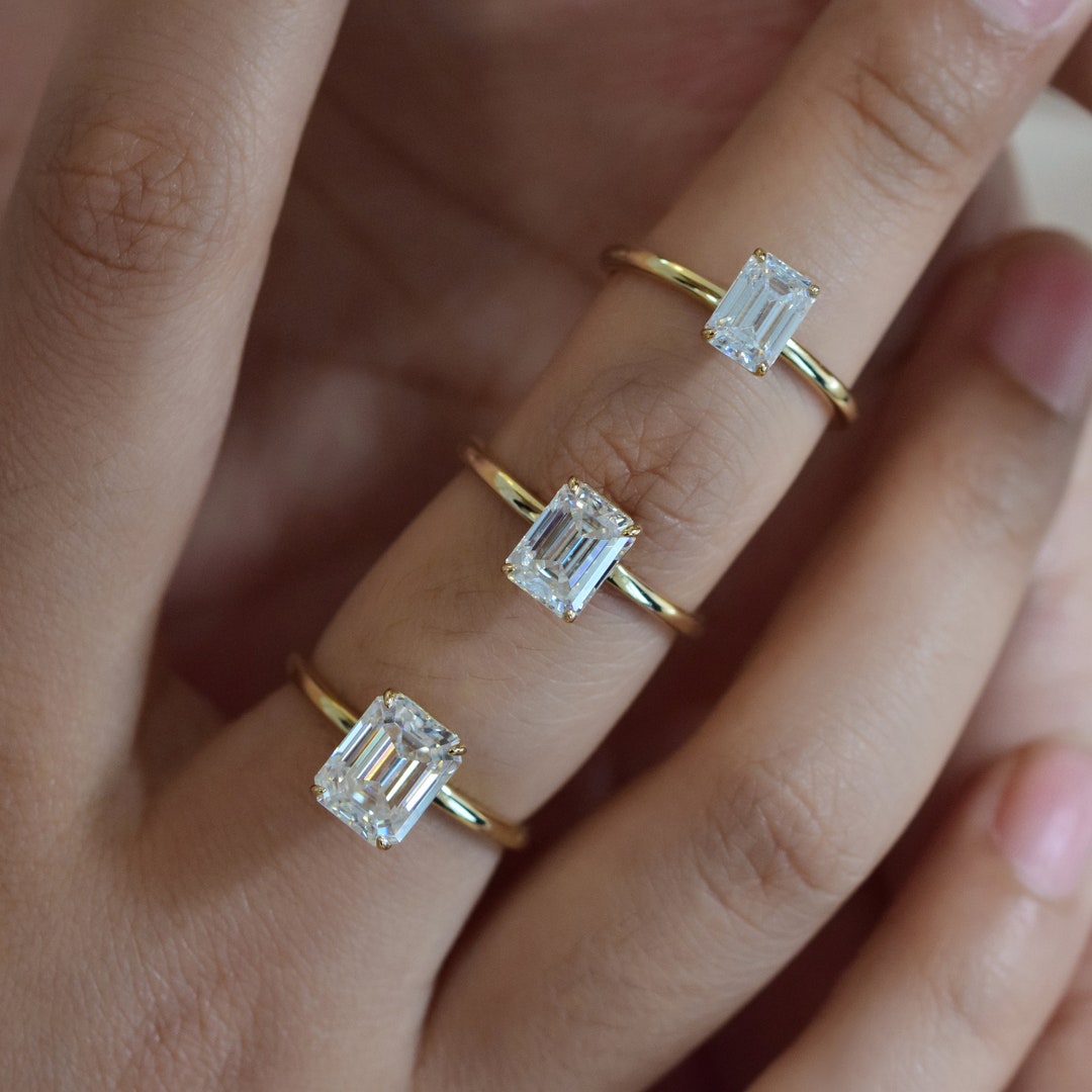 14K Solid Gold Baguette Solitaire Ring Emerald Cut Moissanite ...