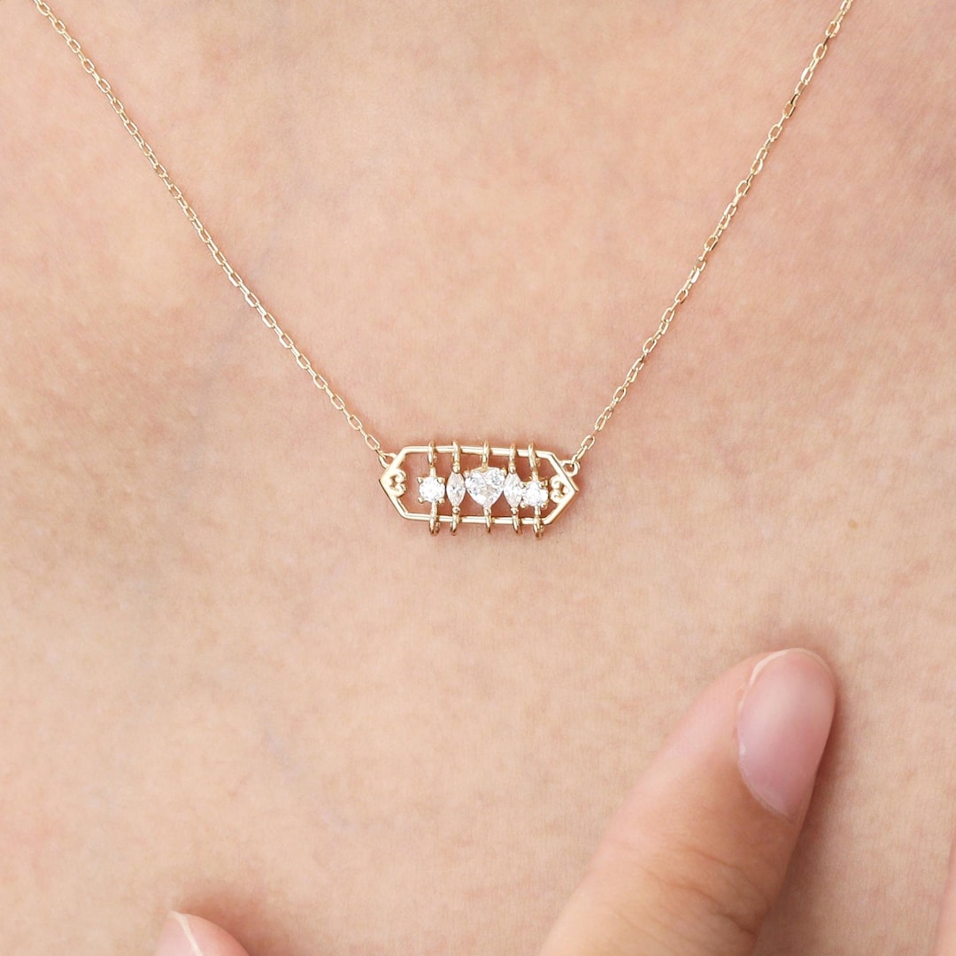 14K Solid Gold Movable Diamond Necklace, Solid Gold Dainty Cubic ...