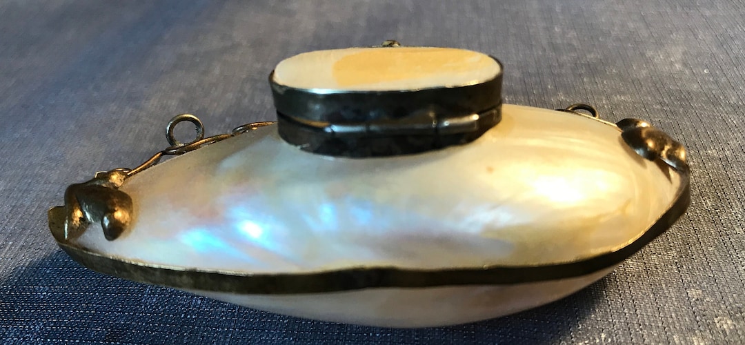 Victorian Mother of Pearl Pill Box: Antique Brass Snuff Trinket Pendant ...