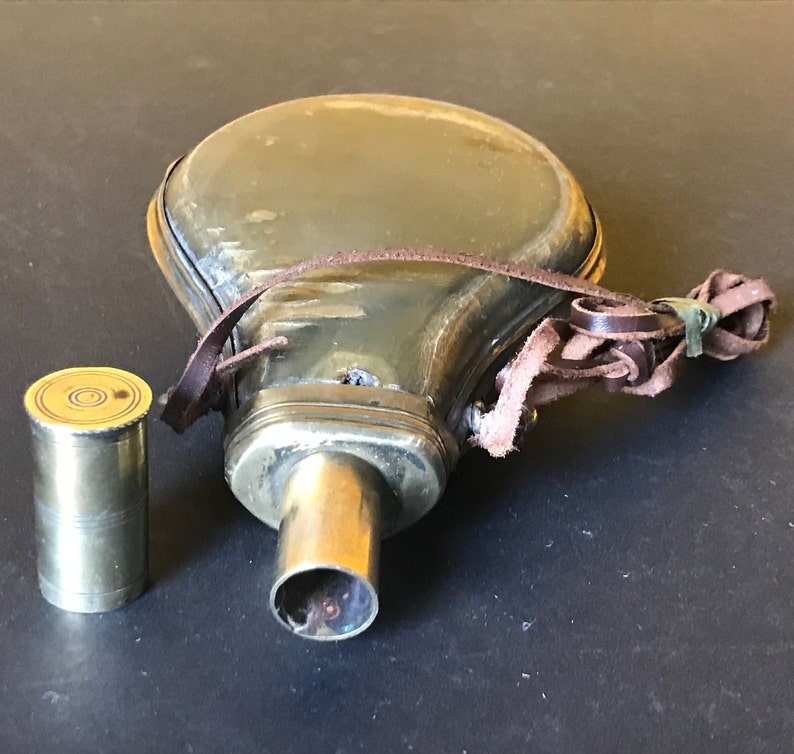 18th Cent Leather and Metal English Horn Black Powder Horn Gun Flask ...