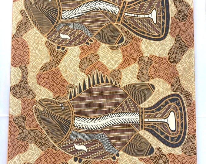 Original Aboriginal Dot Paintingon Canvas: Two Barramundis by Roy Link ...