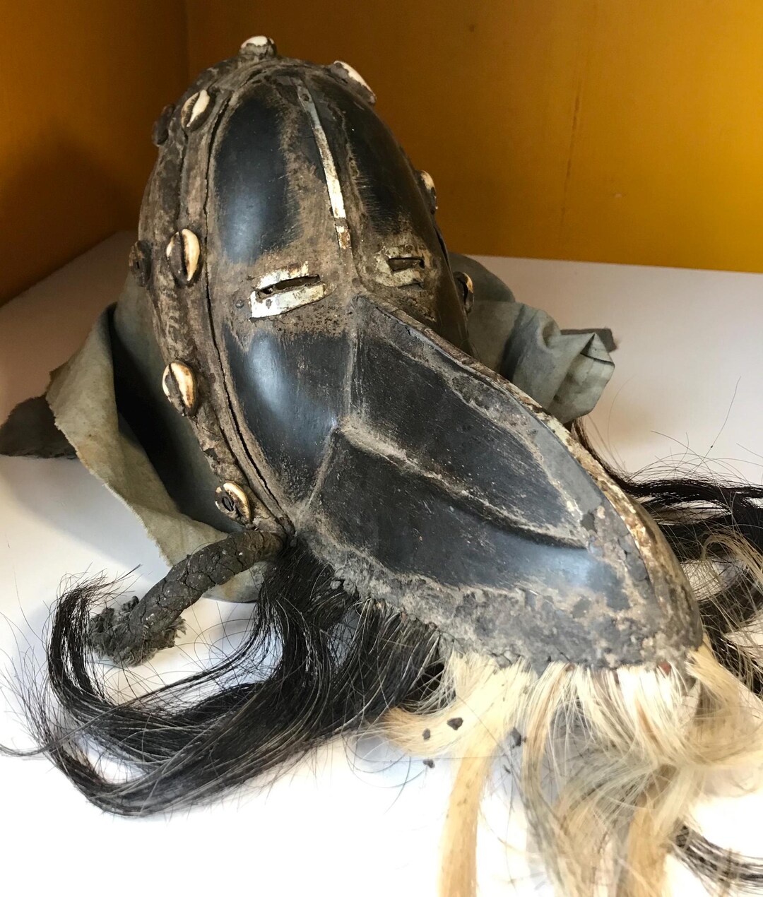 Vintage Dan Bird Mask With Beak, Hair, Shell, Tin and Cloth Head Cover ...