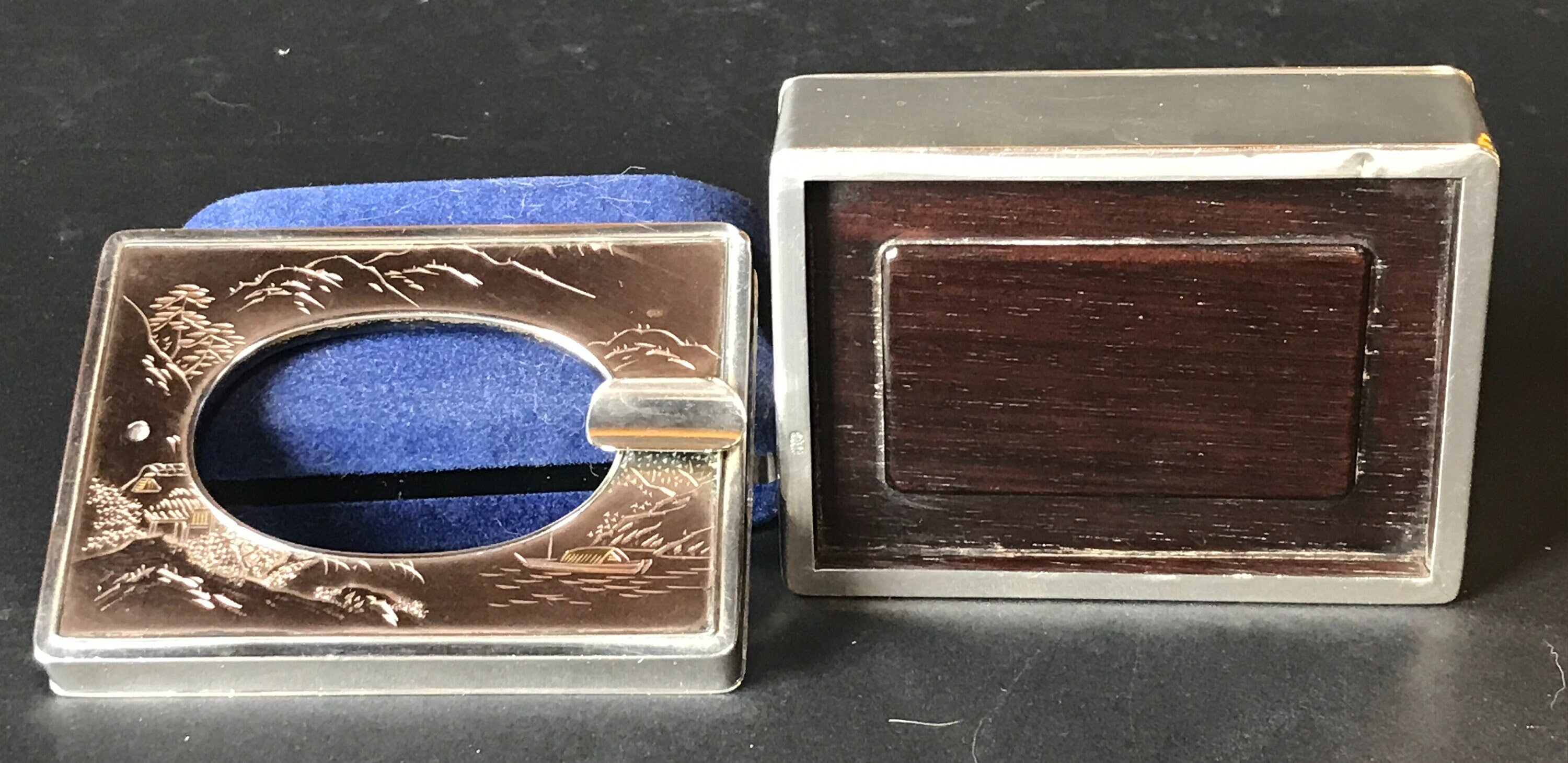 Vintage Japanese Silver and Gold Wood Ashtray W Village and Mountain ...