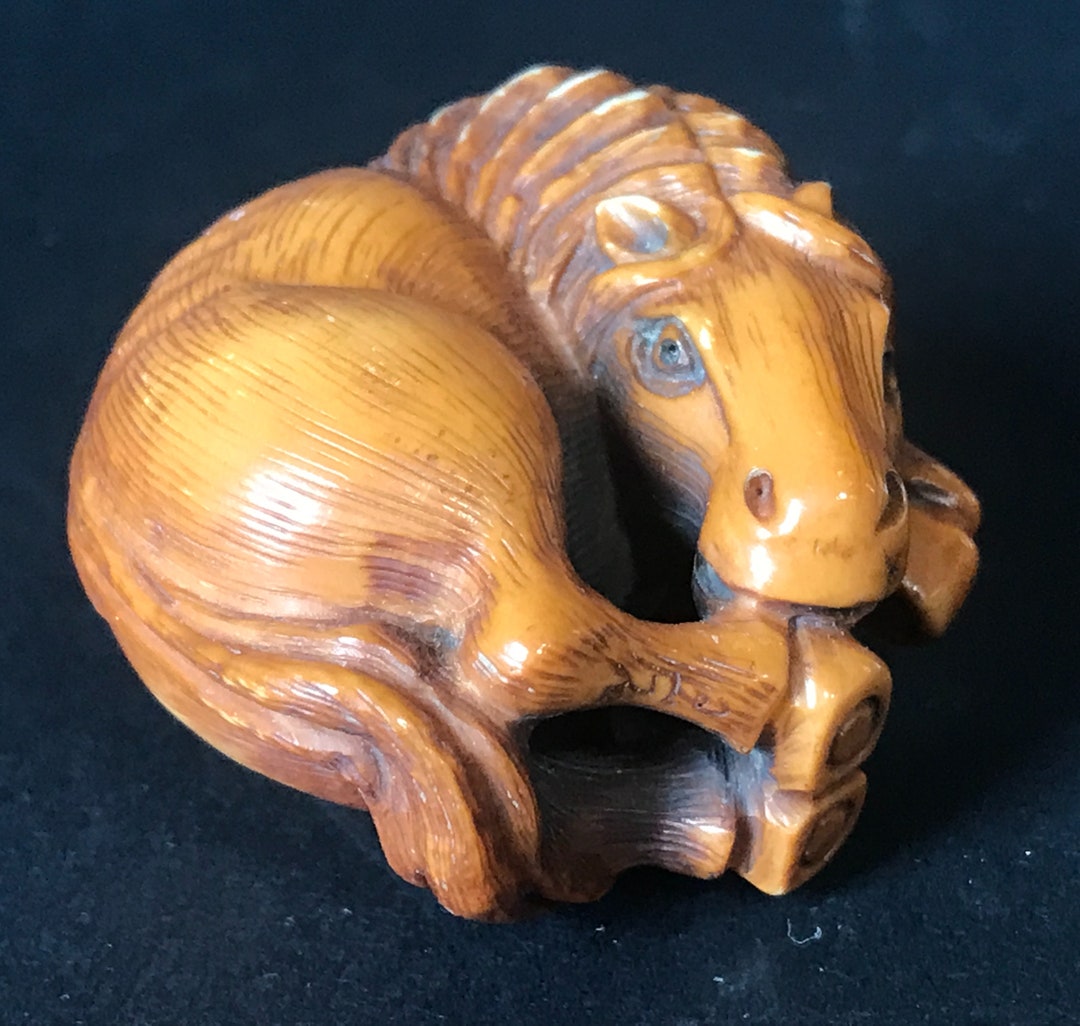 Antique Signed Wood Netsuke of a Recumbent Horse - Etsy