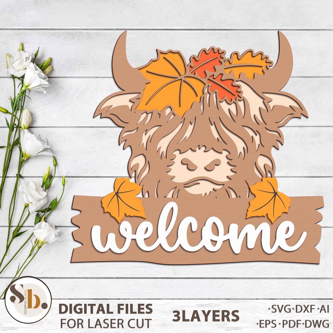 Fall Highland Cow Welcome Sign SVG Fall Leaf Door Hanger SVG - Etsy