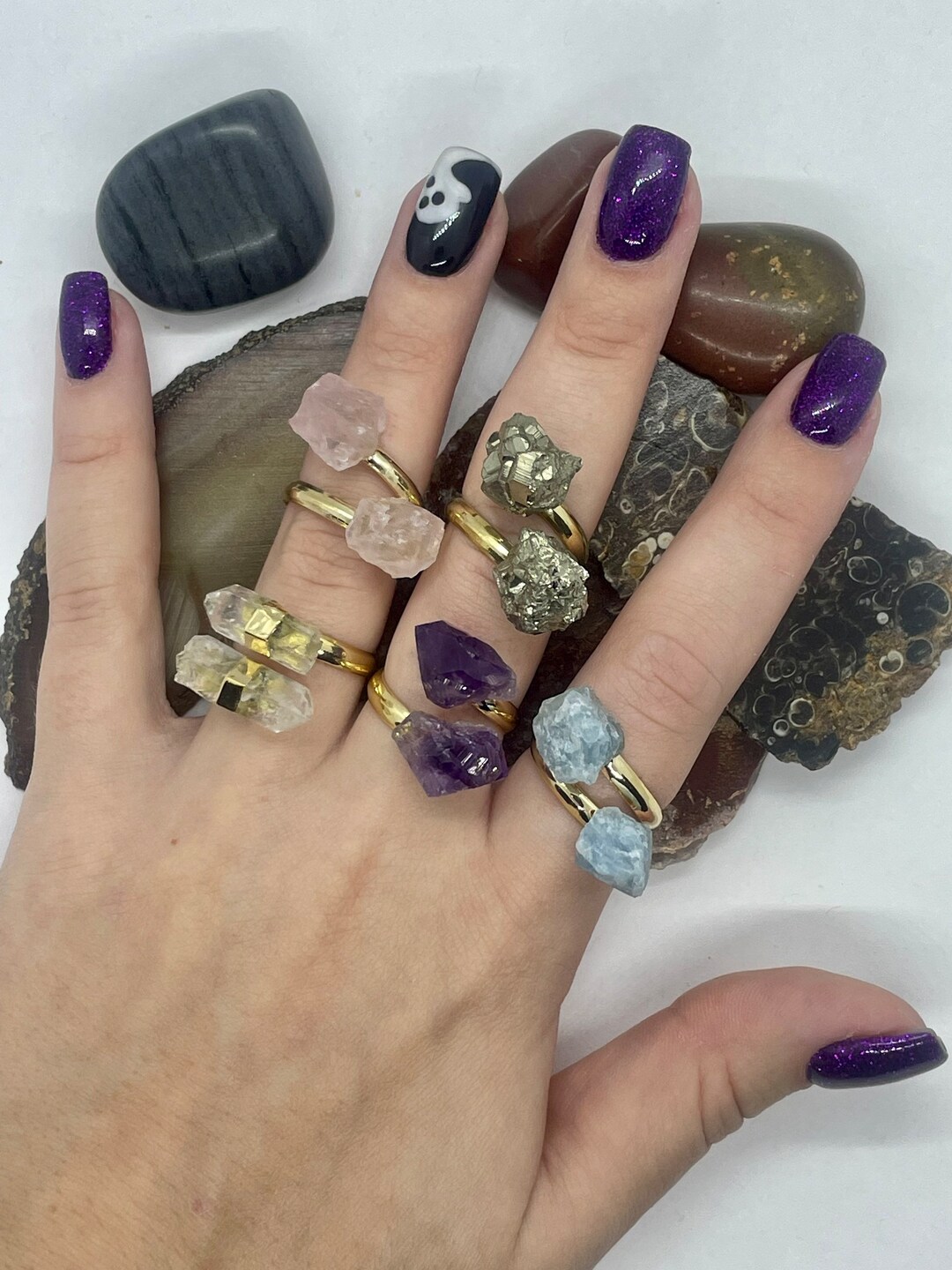 Double Crystal Point Rings 24k Gold Plated Adjustable - Etsy