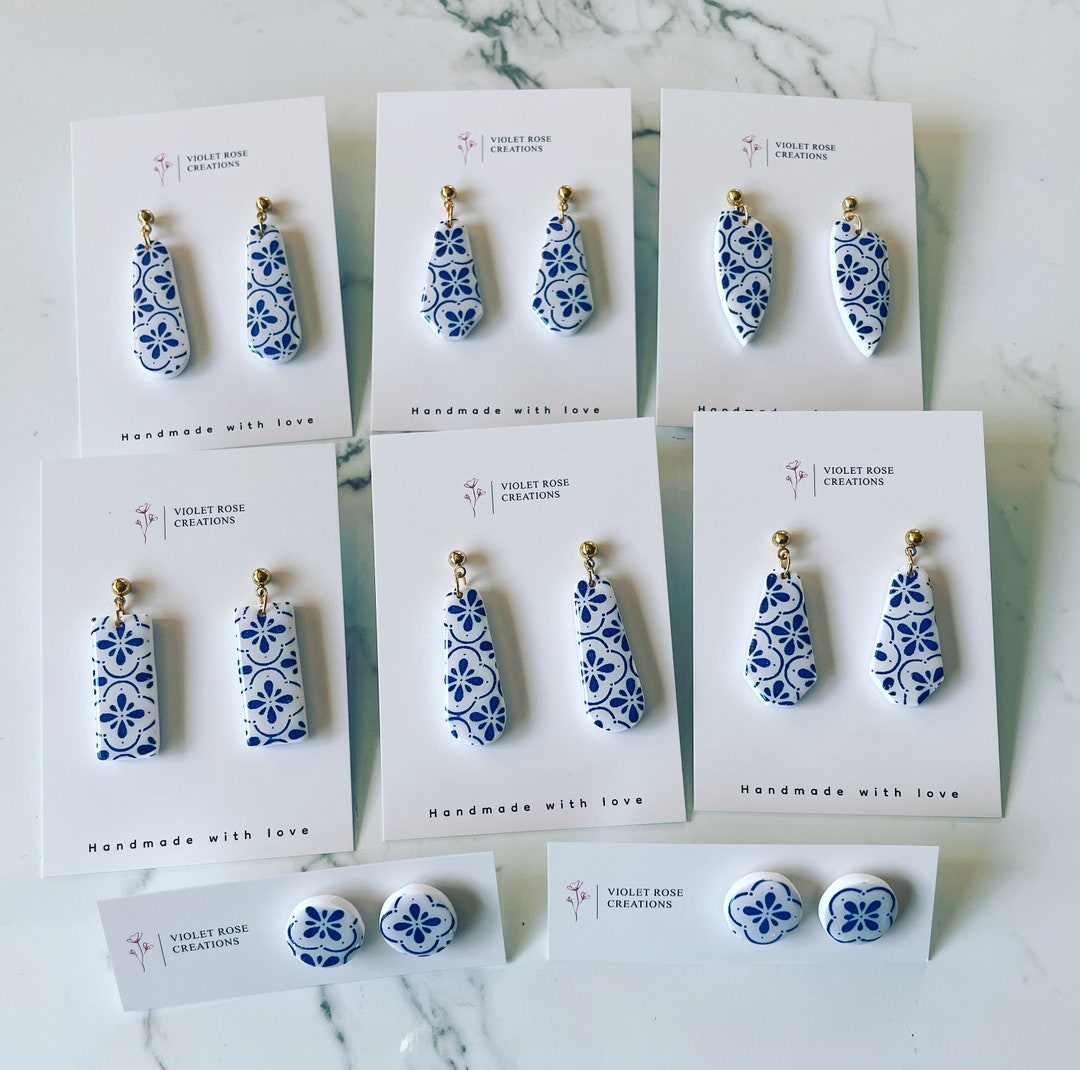 Blue & White Collection| POLYMER CLAY EARRING | Handmade Statement ...